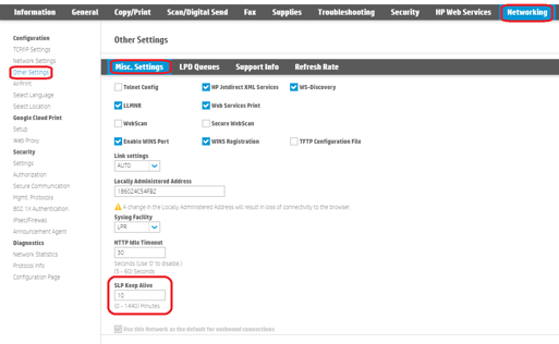 HP LaserJet loses network connection when it goes to sleep
